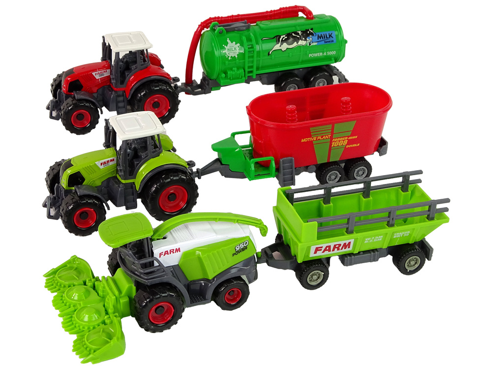 Farm Machinery Set Tractors and Combine with Trailers Green and red ...
