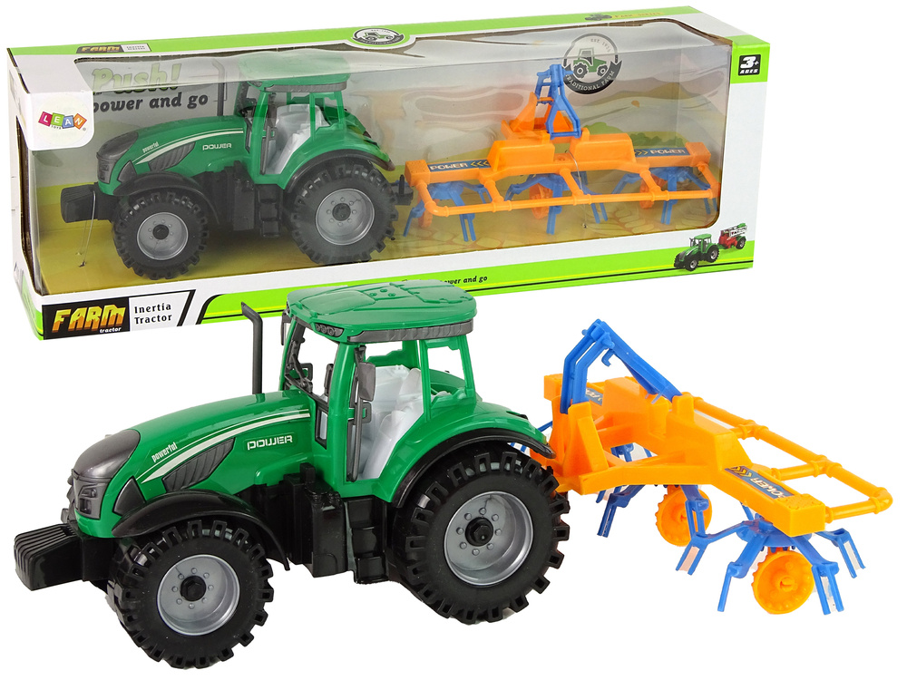 Green Tractor with Orange and Blue Rake Friction Drive | Toys \ Tractors