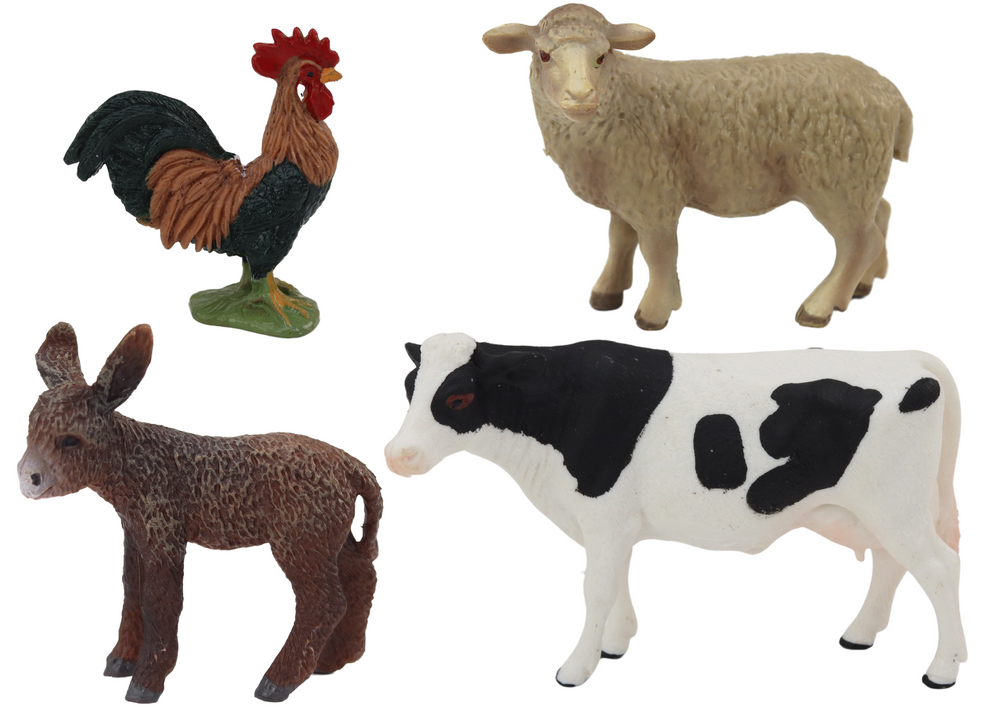 Set of Figurines Rural Animals Farm 4 Pieces Cow Rooster Donkey Sheep ...