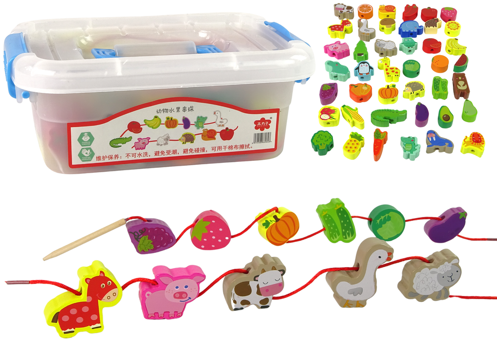 Set of wooden stringing beads Animals Fruits and Vegetables 47 elements