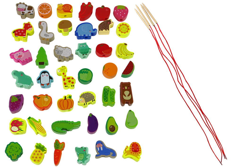 Set of wooden stringing beads Animals Fruits and Vegetables 47 elements
