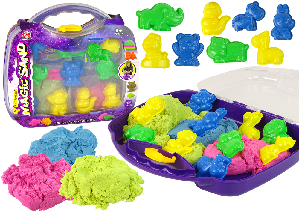 Magic Sand in a suitcase + animal moulds 1 Kilogram of sand in 3 pastel ...