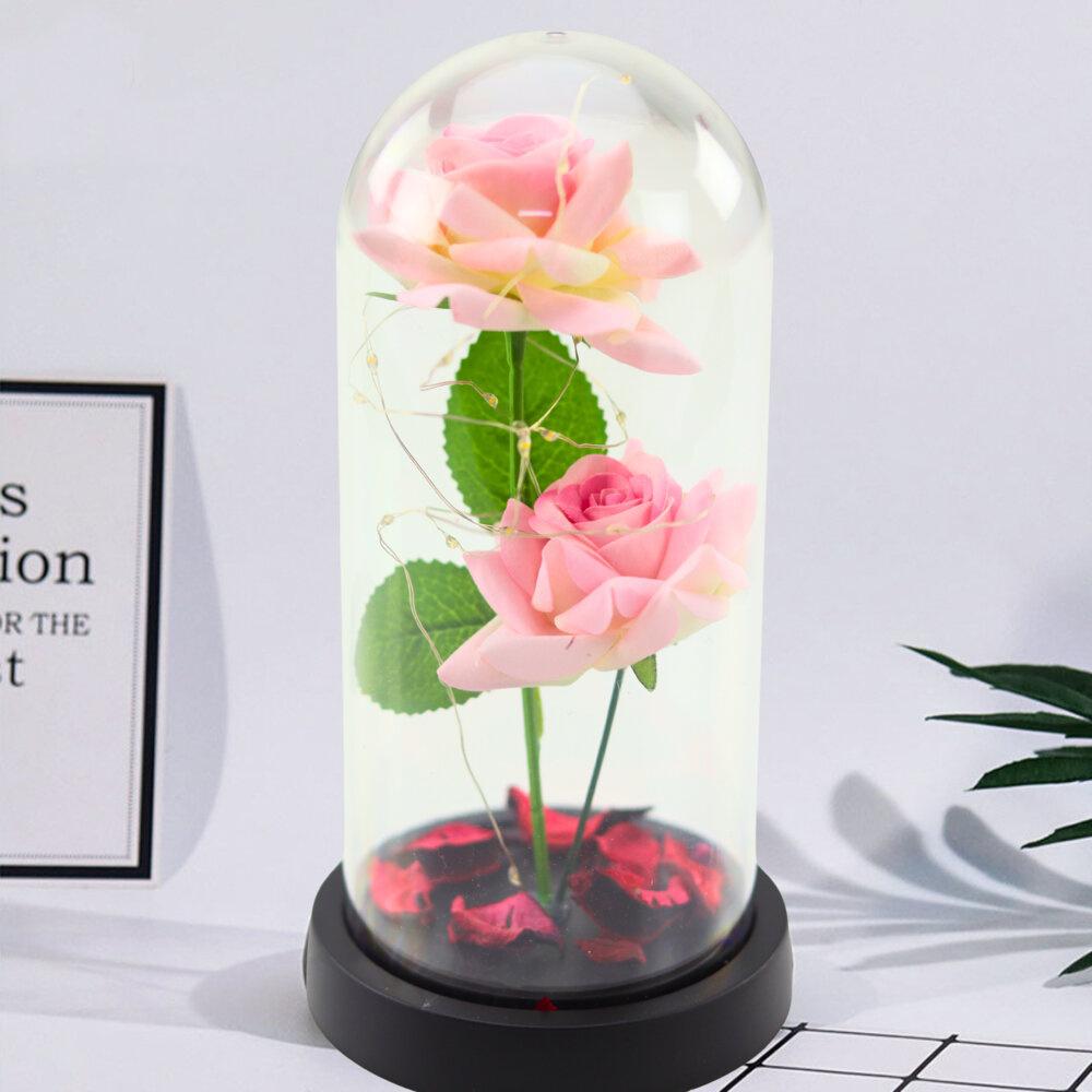 Eternal Roses in Dome with LED Lighting and Rose Petals Pink 21x11cm ...