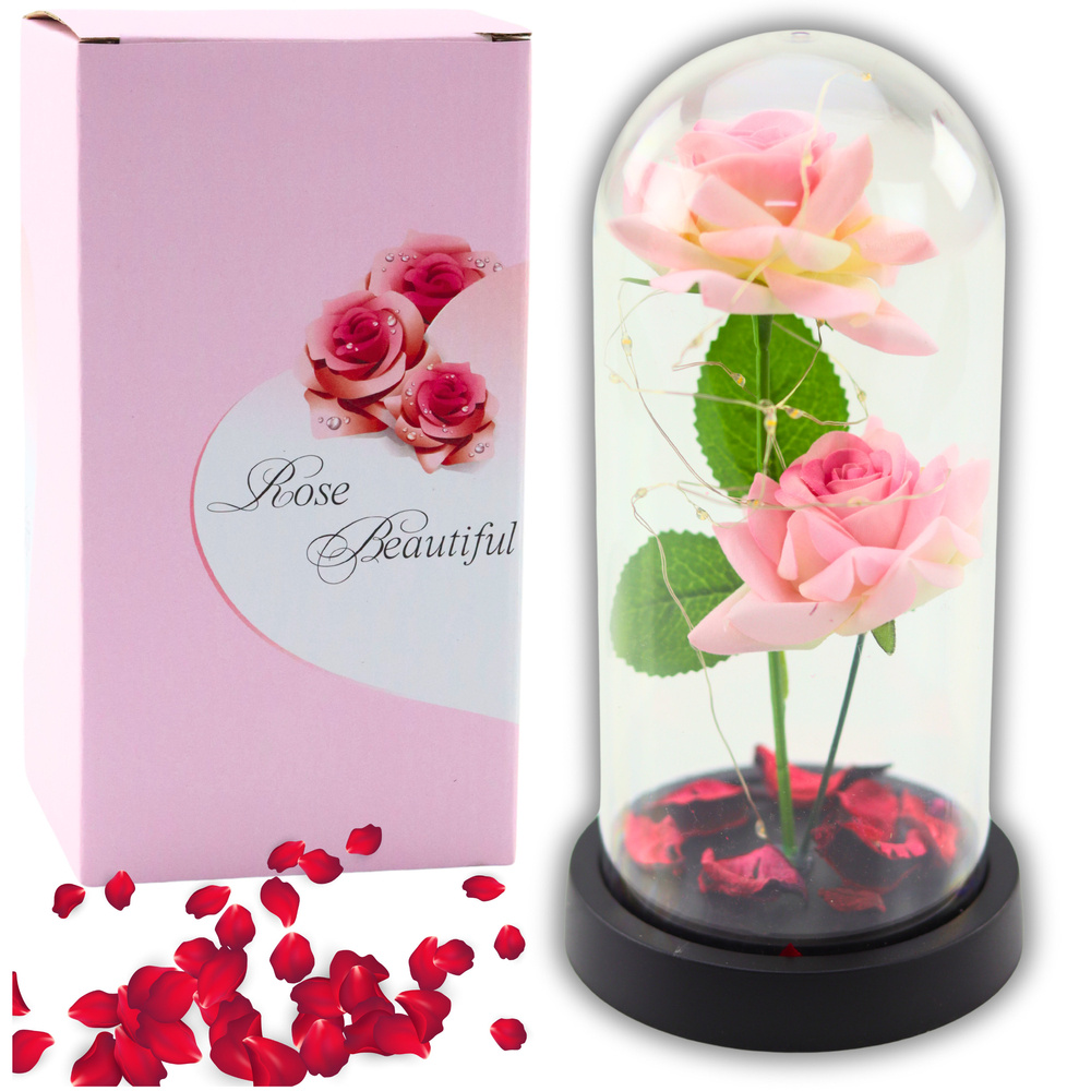 Eternal Roses in Dome with LED Lighting and Rose Petals Pink 21x11cm ...